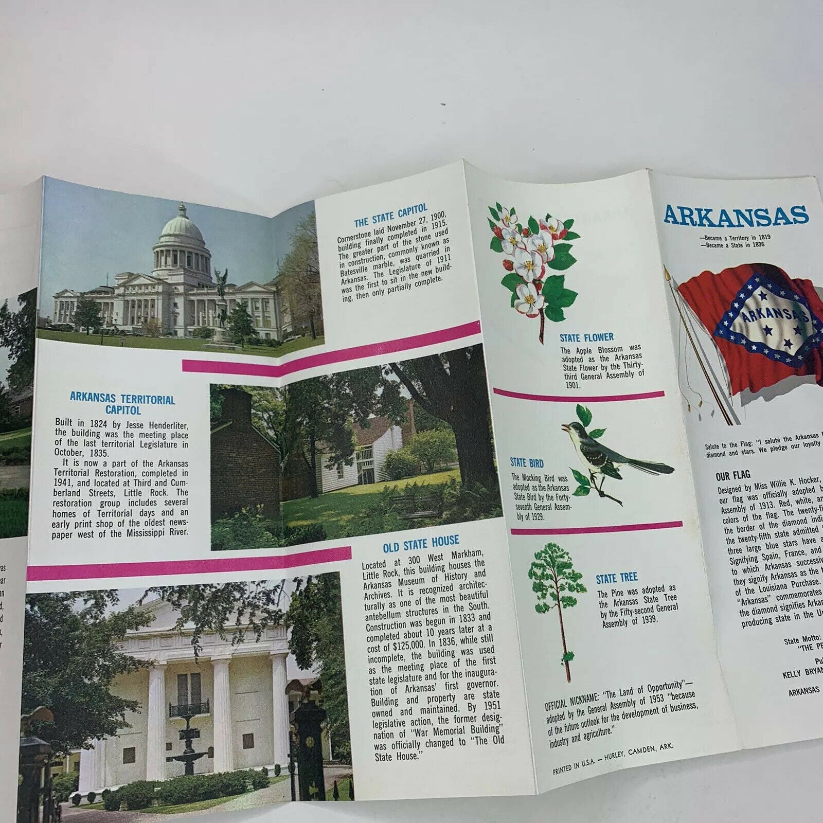 Vintage Brochure ARKANSAS State History Capitol Flag Tree Bird Flower ...